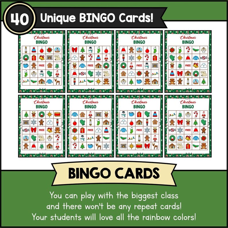 40 Printable Christmas Bingo Cards, Kids Classroom Bingo Party Game ...