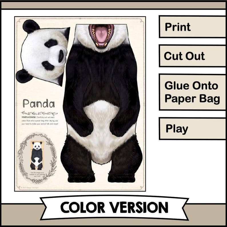 Printable PANDA Paper Bag Puppet Craft | DIY Animal Template PDF | Kids ...