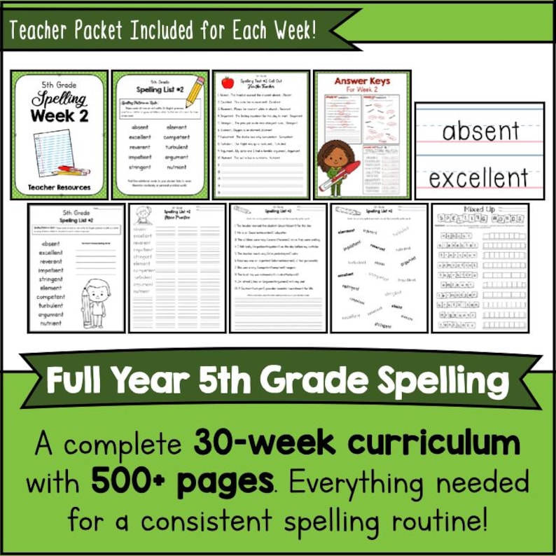 5th GRADE SPELLING Curriculum Printable - 30 Weeks of Printable ...