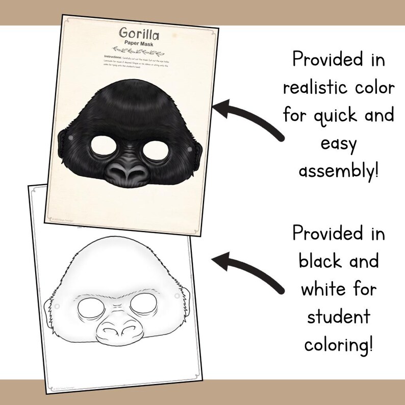 Printable Jointed GORILLA Mask Craft Template Kit | DIY Paper Animal ...