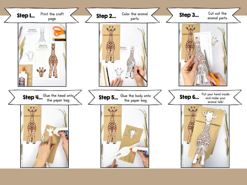 DIY Giraffe Puppet Printable Fun Paper Bag Craft Template Easy Puppet ...