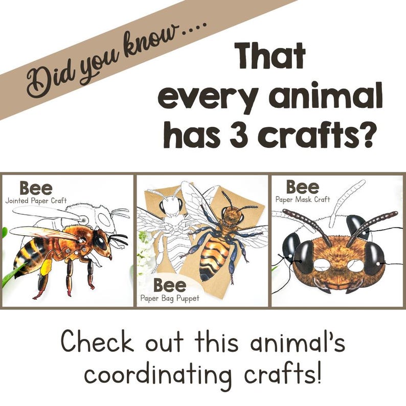 Printable Jointed BEE Paper Mask Craft Template Kit | DIY Animal Face ...