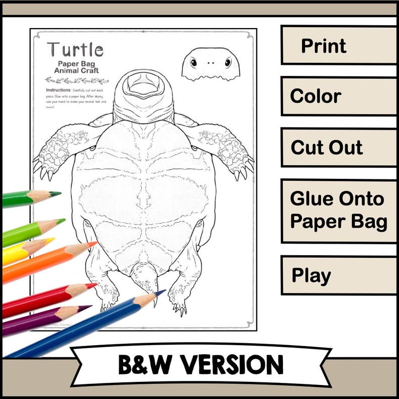 TURTLE Puppet Craft Kit Printable Turtle Papercraft DIY Kids Paper Bag ...