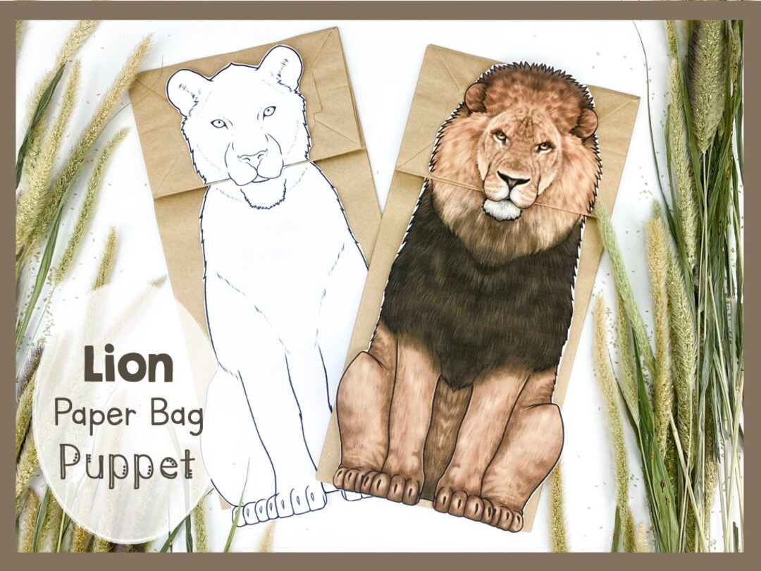 Lion Paper Bag Puppet Craft Template | Safari Animal Puppet for ...