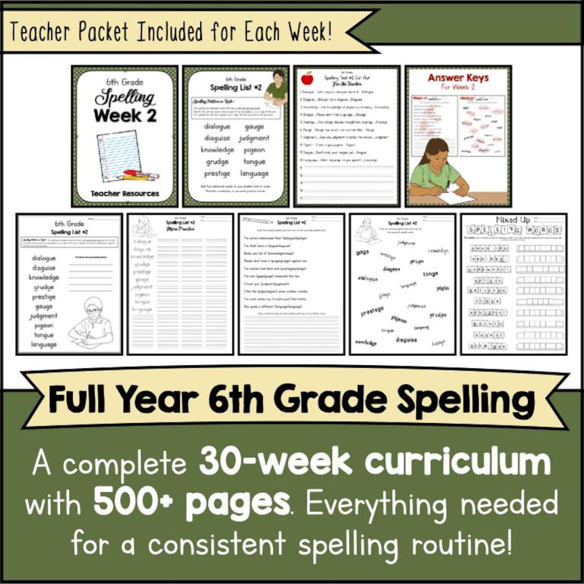 6th GRADE SPELLING Curriculum Printable - 30 Weeks of Printable ...