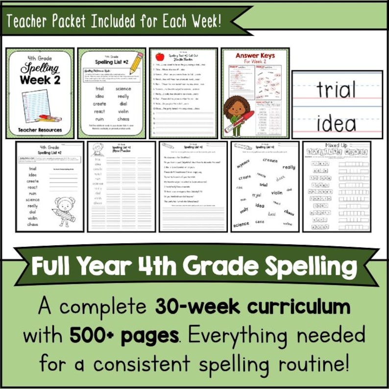 4th GRADE SPELLING Curriculum Printable - 30 Weeks of Printable ...