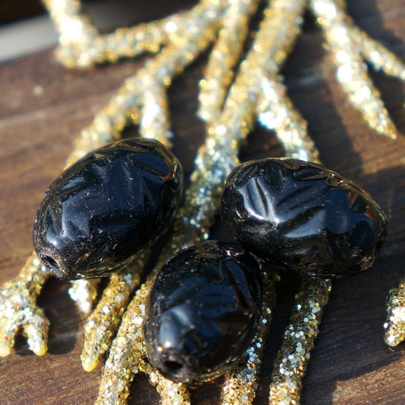 Opaque Black Czech Glass Pine Cone Beads Black Carved Glass Beads Czech ...