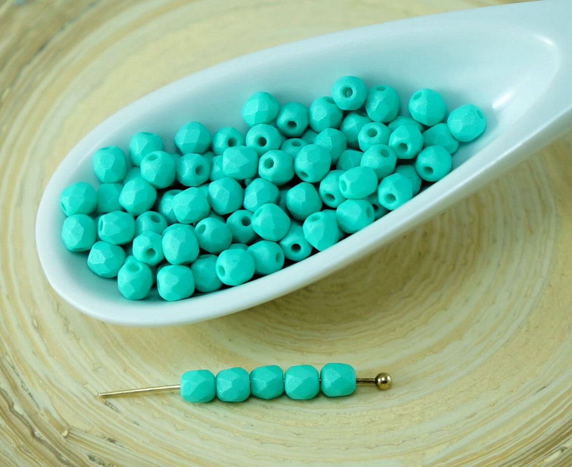 Matte Turquoise Green Silk Round Faceted Fire Polished Czech - Etsy