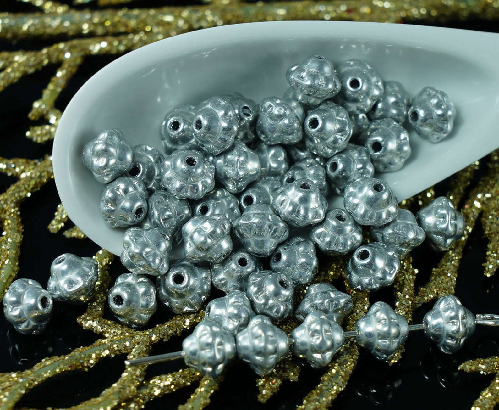 Opaque Matte Silver Czech Glass Flower Bicone Beads Pyramid | Etsy