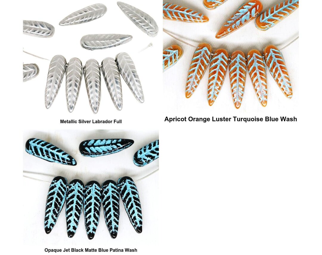 14pcs Carved Leaf Flower Feather Bird Wing Czech Glass Beads 5mm X 17mm ...