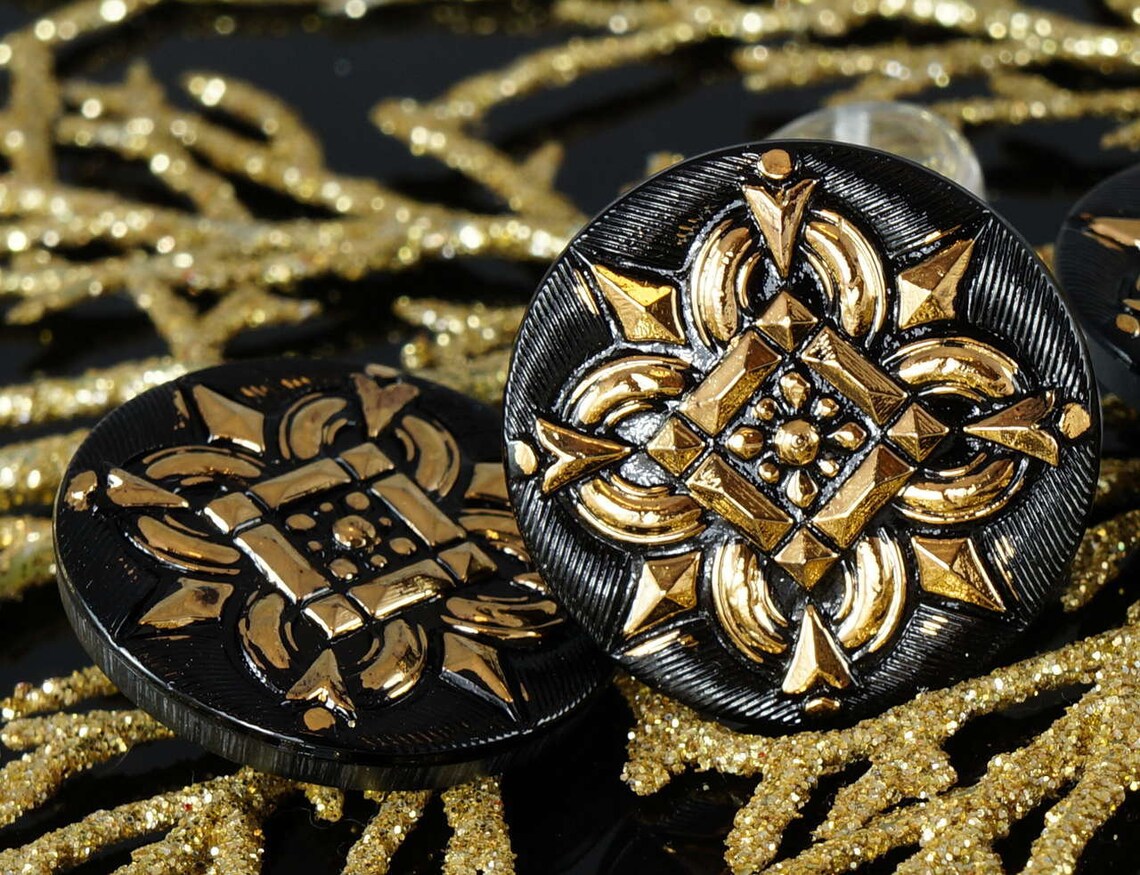 1pc Handmade Czech Glass Button Large Gold Black Square Flower - Etsy