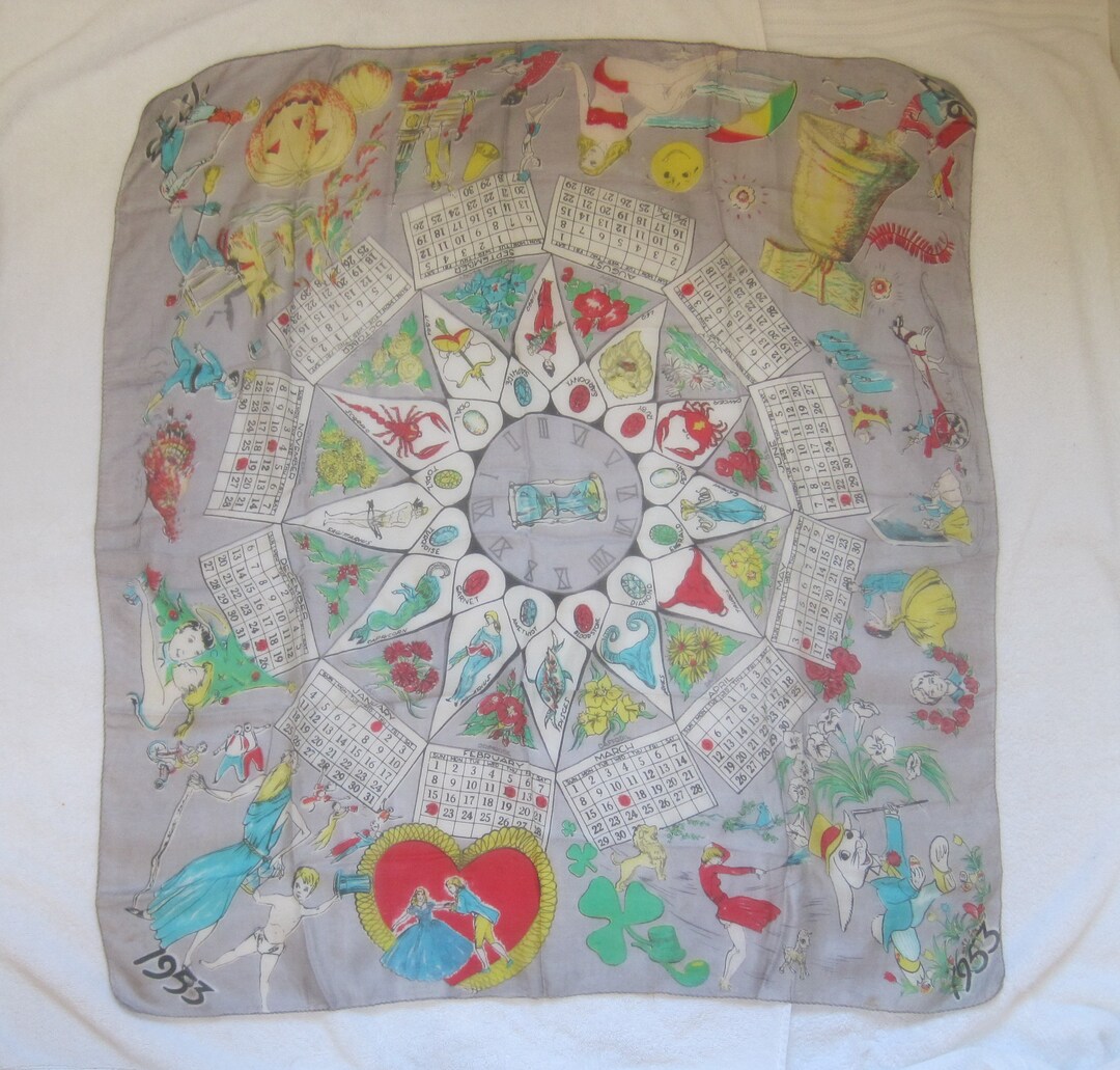 Vintage 1953 Calendar Silk Scarf, 32, Multicolor Birthstones, Signs ...
