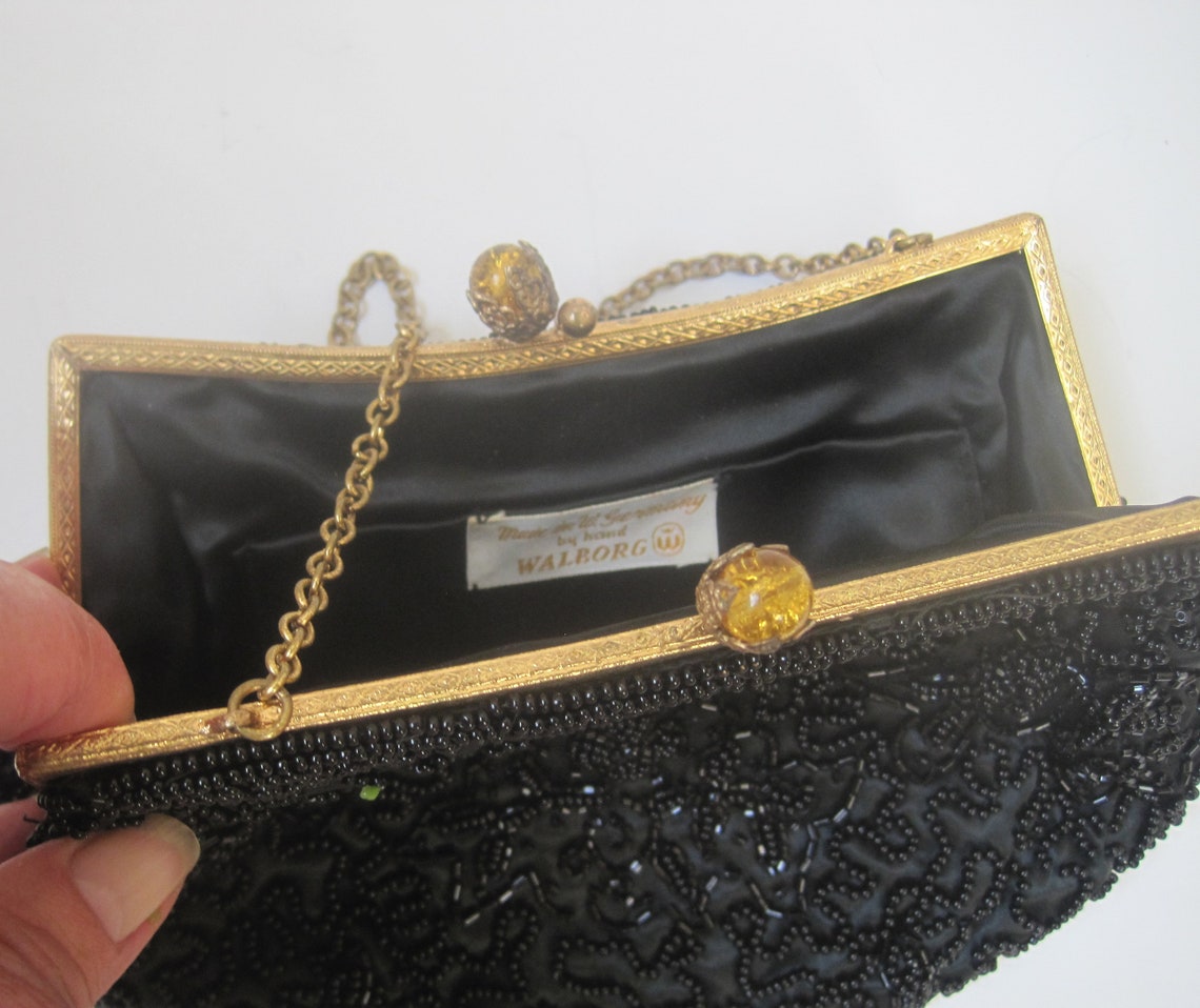 Walborg Black Beaded Evening Bag/purse, 5 X 8", Gold Tone Chain & Trim ...