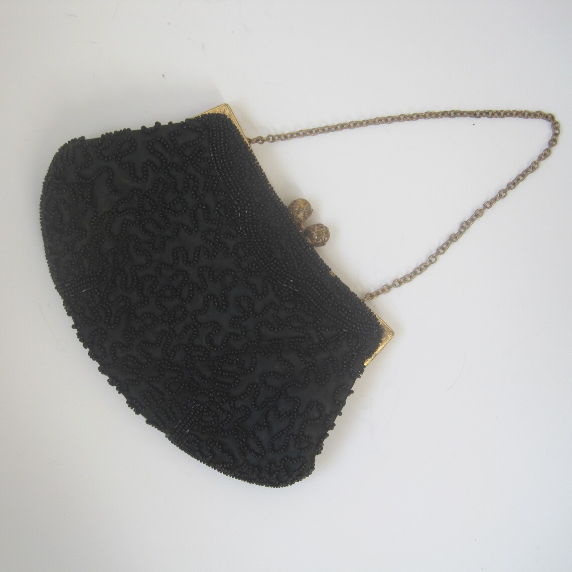 Walborg Black Beaded Evening Bag/purse, 5 X 8", Gold Tone Chain & Trim ...