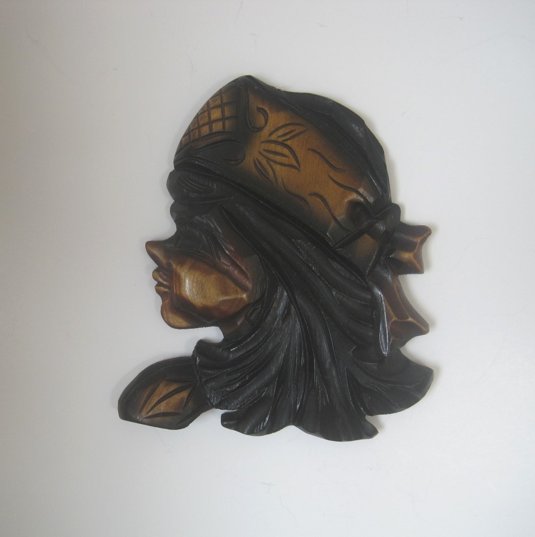Vintage Carved Wood Tribal Head Plaque for Wall or Tabletop, 8.5 X 8" H ...