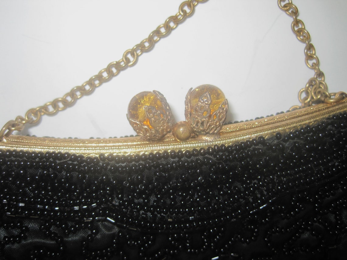 Walborg Black Beaded Evening Bag/purse, 5 X 8", Gold Tone Chain & Trim ...