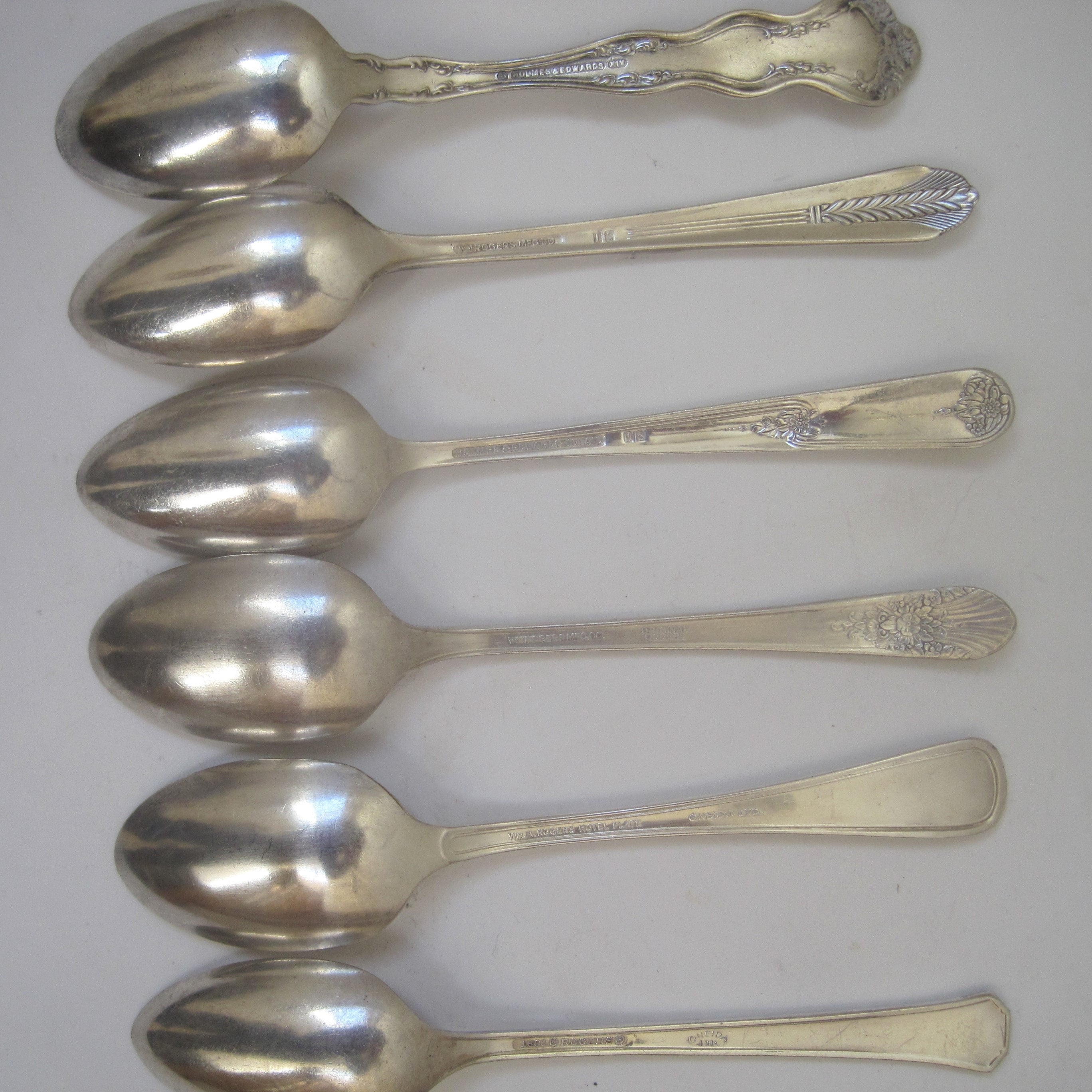 6 Mismatched Silver Plate Teaspoons, 6 Long, No Monograms, Vintage ...