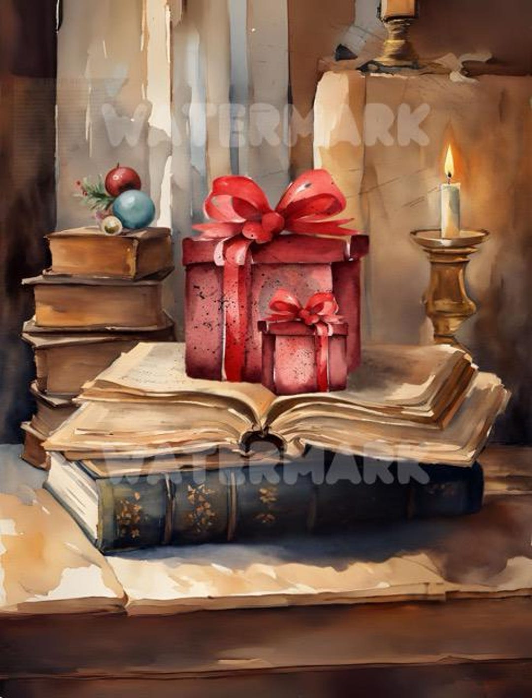 Antique Book Stack Candle Gift and Christmas Decor Print Instant ...
