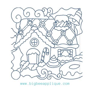 Christmas Redwork Quilt Block for Machine Embroidery, Gingerbread House ...