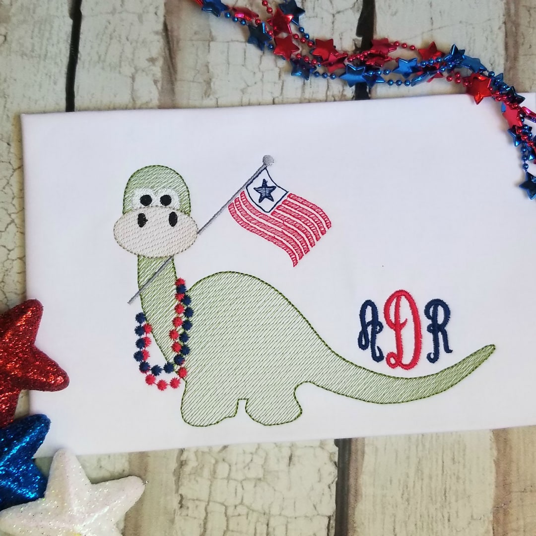 4th of July Dinosaur Machine Embroidery Design, Dino Sketch Stitch ...