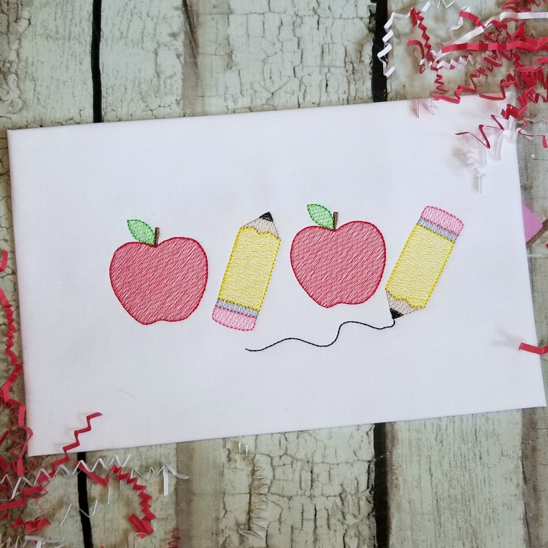 Back to School Machine Embroidery Design Apple and Pencil Sketch Stitch ...