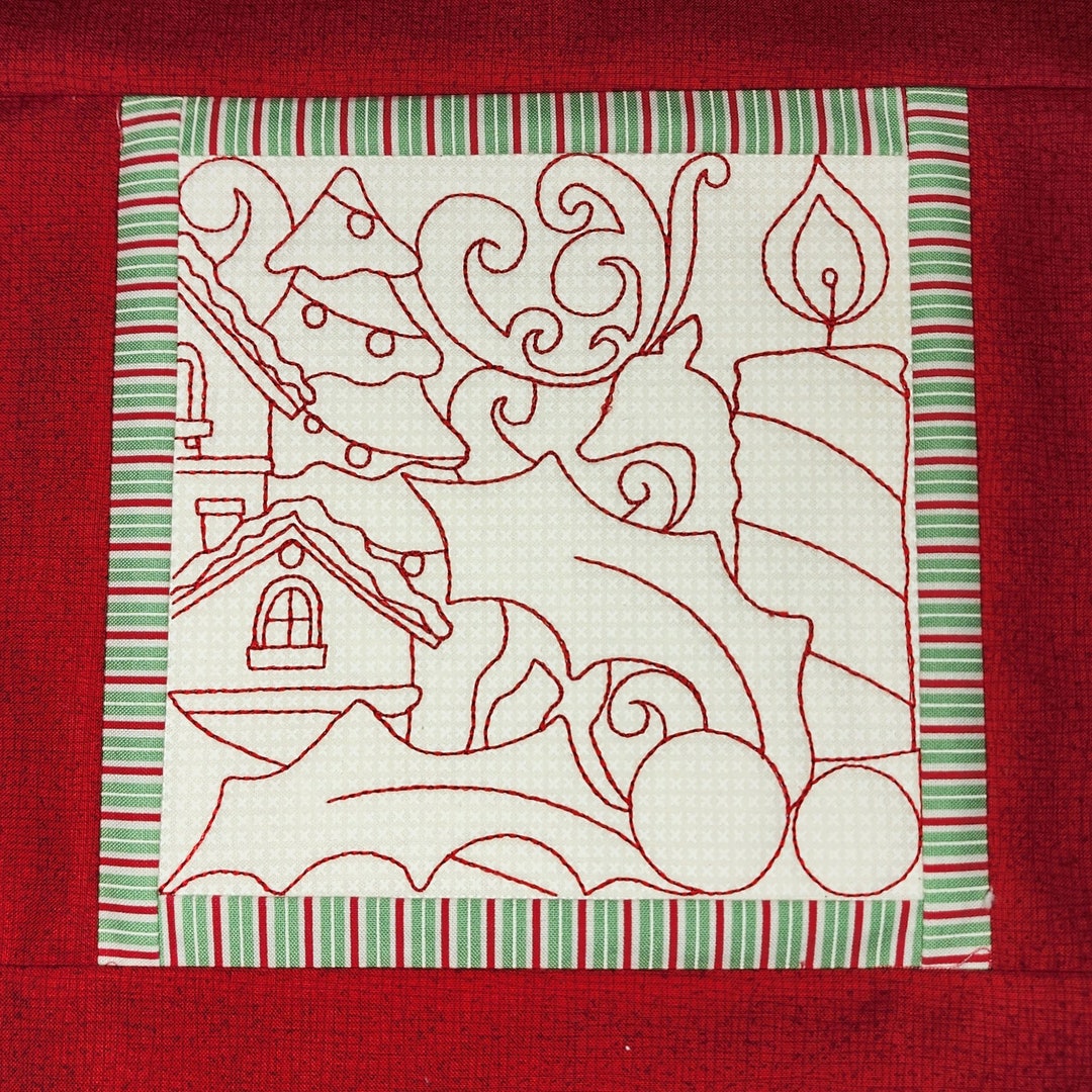 Redwork Christmas Quilt Block for Machine Embroidery, Christmas Candle ...