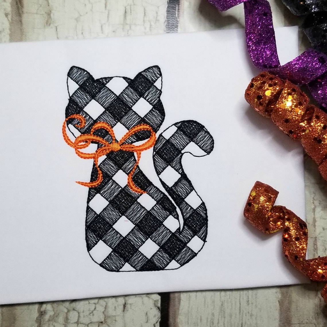 Plaid Halloween Cat Machine Embroidery Design Sketch Stitch | Etsy