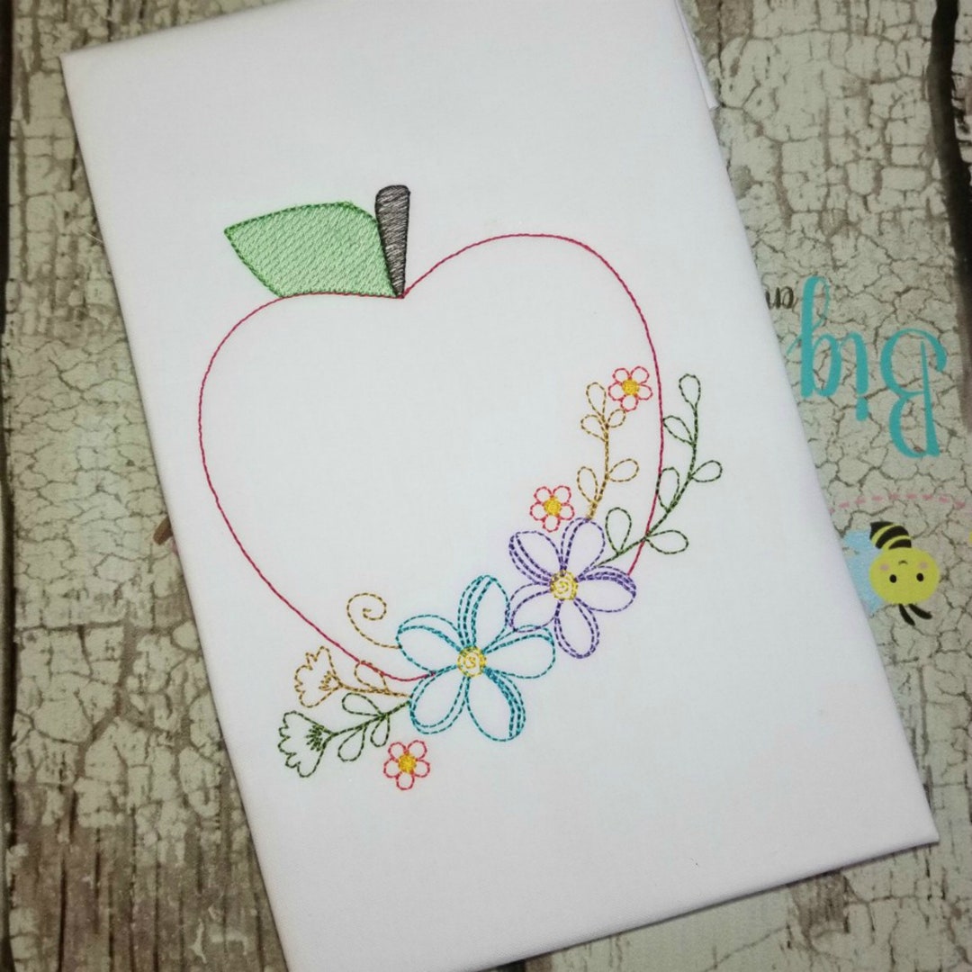 Apple Machine Embroidery Design With Flowers, Vintage Stitch Apple ...
