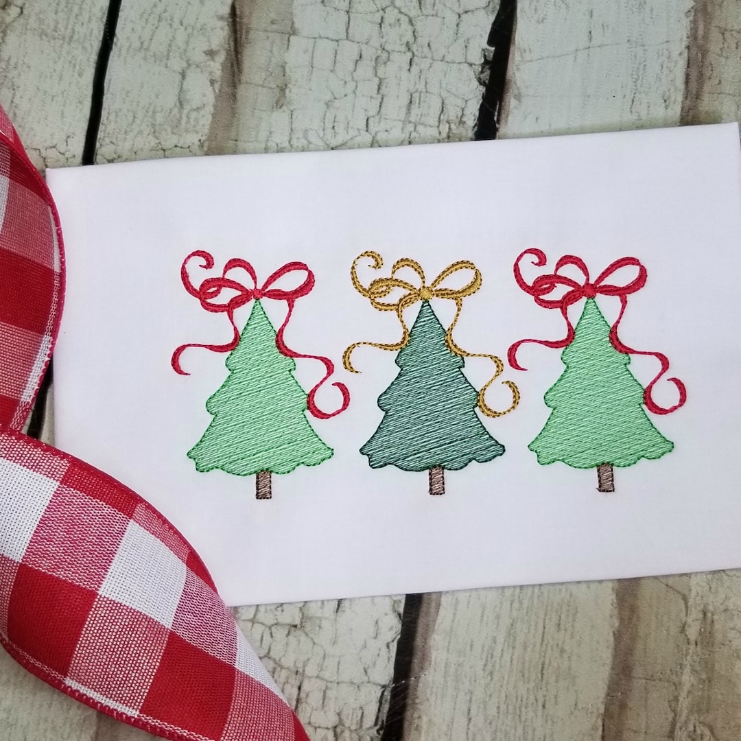 Christmas Tree Trio Machine Embroidery Design, Sketch Stitch Embroidery ...