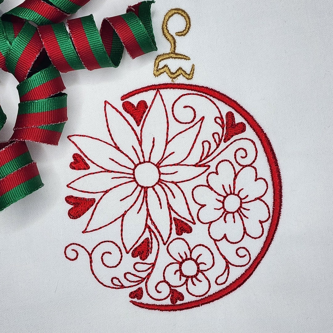 Christmas Ball Machine Embroidery Design With Floral Redwork Pattern - Etsy
