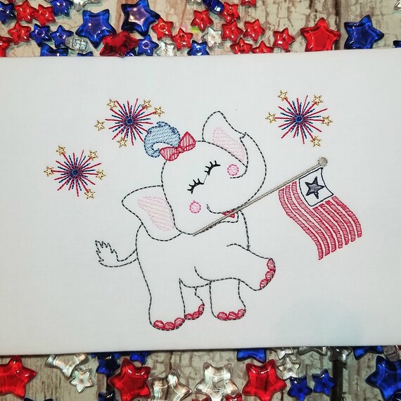 Patriotic Elephant Machine Embroidery Design Vintage Stitch - Etsy