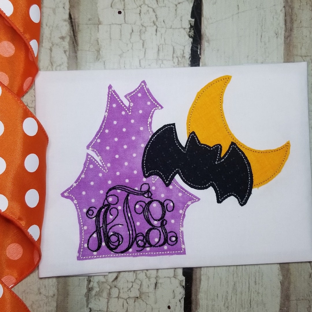Halloween Haunted House Machine Applique Design File With Bat and Moon ...