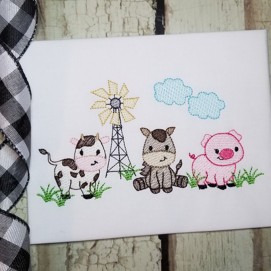 Farm Animals Machine Embroidery Design With Cow Pig and Horse in Sketch ...