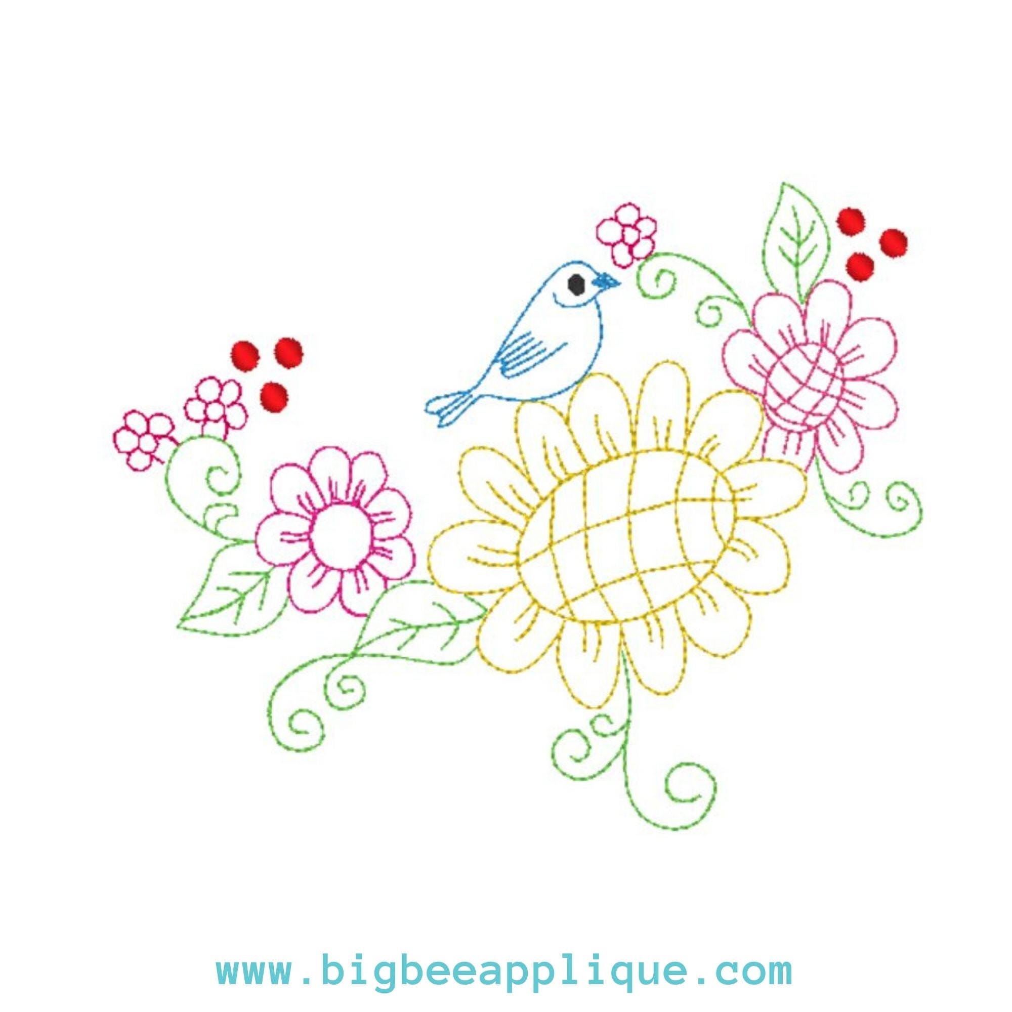 Bird and Flowers Machine Embroidery Design, Vintage Floral Embroidery ...