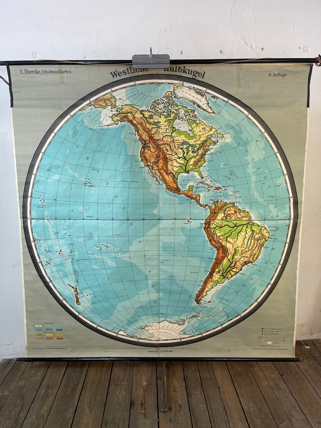 Vintage Schulkarte Planiglobe Westliche Halbkugelerdhalfte Atlas 1949 ...