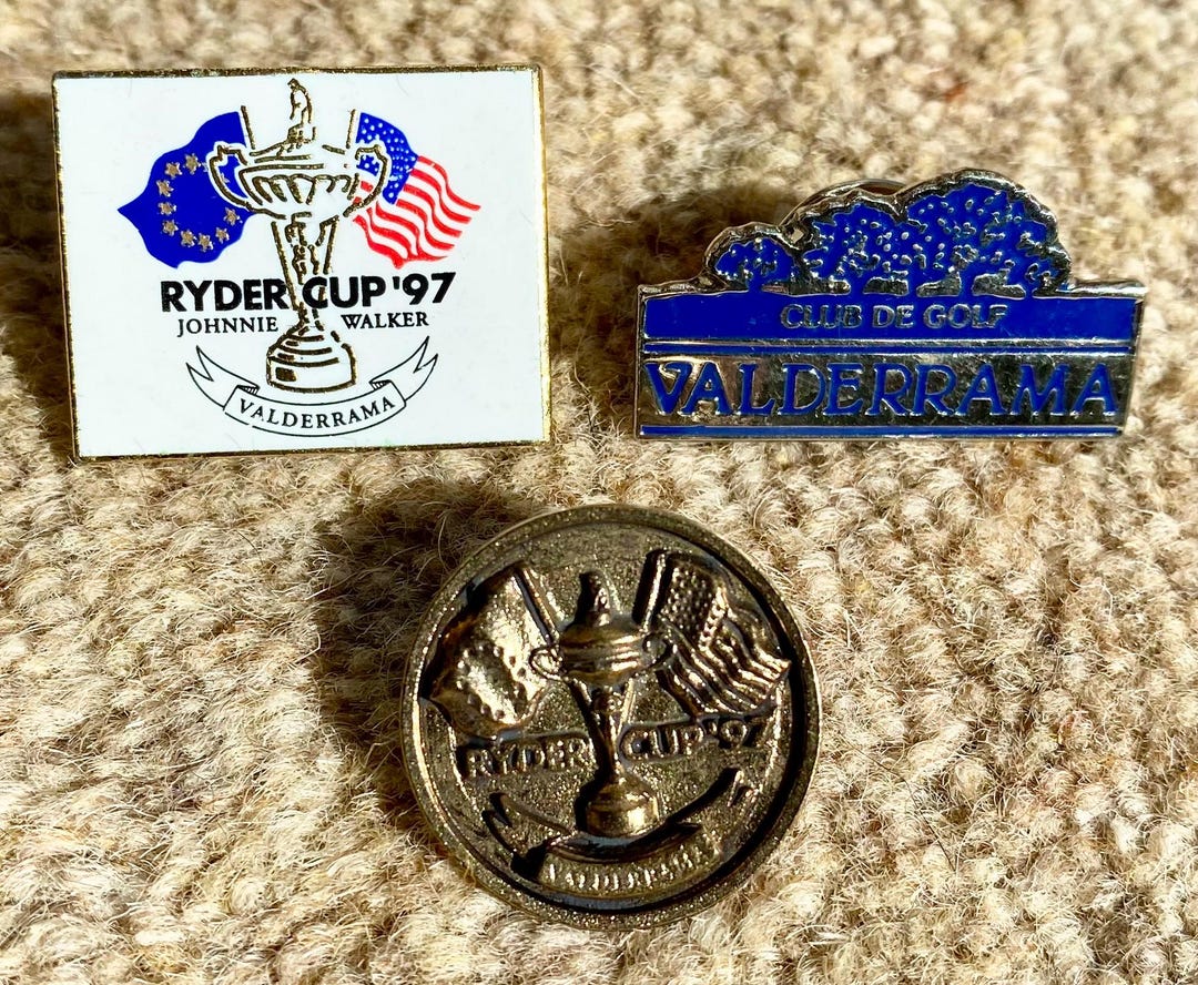 Three Superb Enamel Golf Badges for the 1997 Ryder Cup Valderrama Spain ...