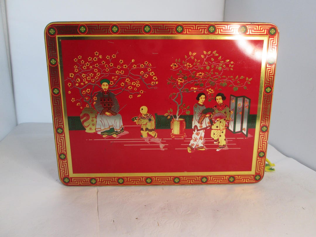 Vintage Asian Family Red Metal Rectangular Tin W Lift off Lid Metal Box ...