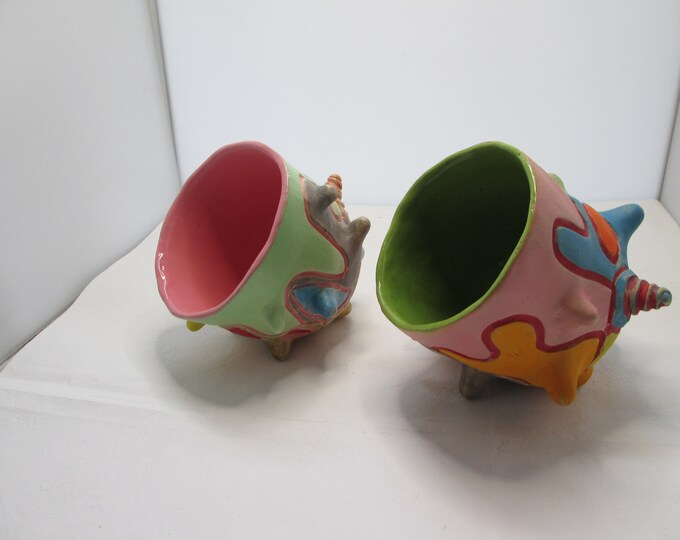 Vintage Studio Pottery Weirdo Pair of Spiky Multi Colored Planters or ...