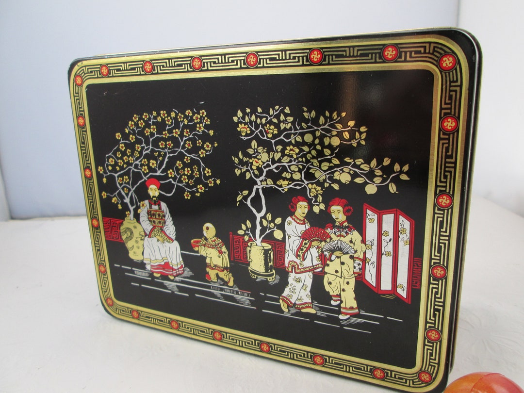 Vintage Asian Family Gold Metal Rectangular Tin W Lift off Lid Metal ...