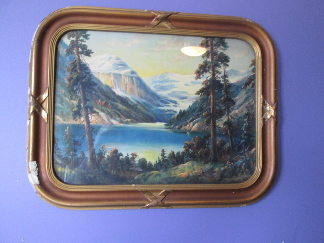 Vintage Lithograph of Mountain Scene in Gesso N Wood Art Deco Frame ...