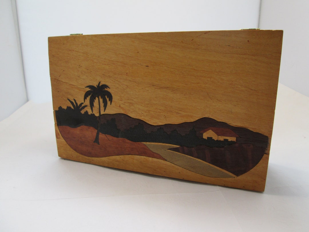 Vintage Palm Tree Scene Inlaid Wood Box W Hinged Lid Rectangular Box ...