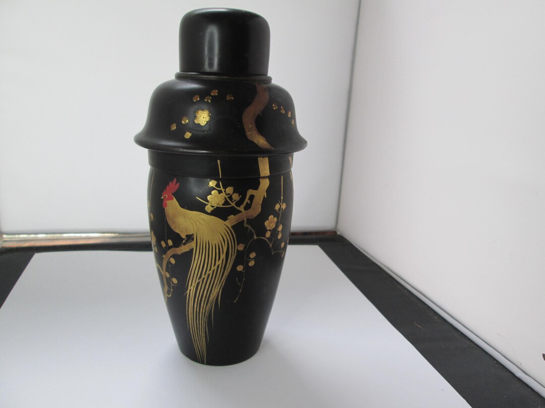 Vintage Hand Painted Gold Rooster Black Lacquer Ware Cocktail Shaker ...