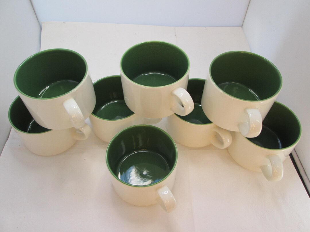 VTG Pier 1 Italian Made Stacking Mug Set of 8 White W Deep Olive Green ...