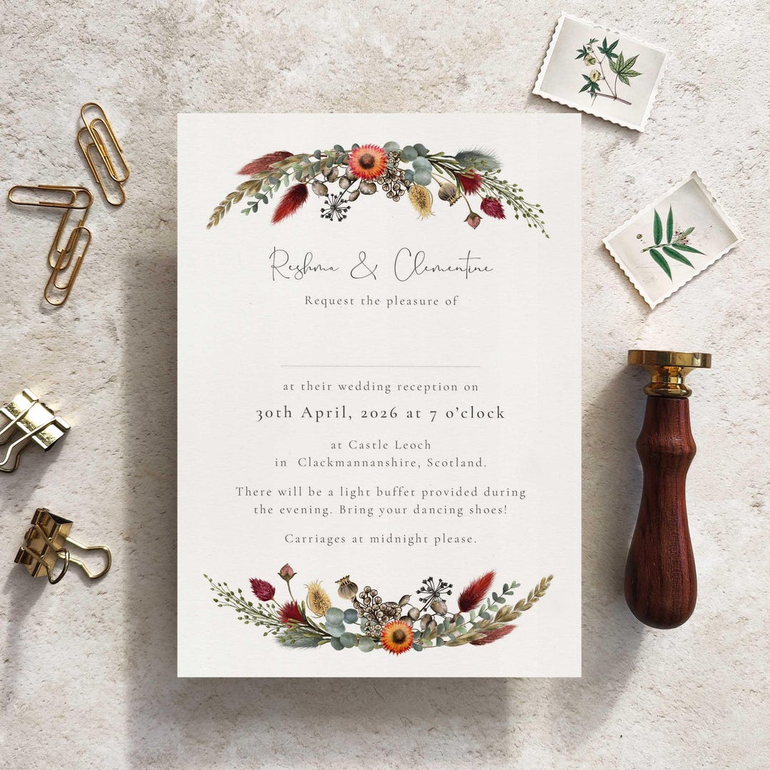 Autumn Dried Flowers Wedding Invitation SAMPLE, Evening Invites ...