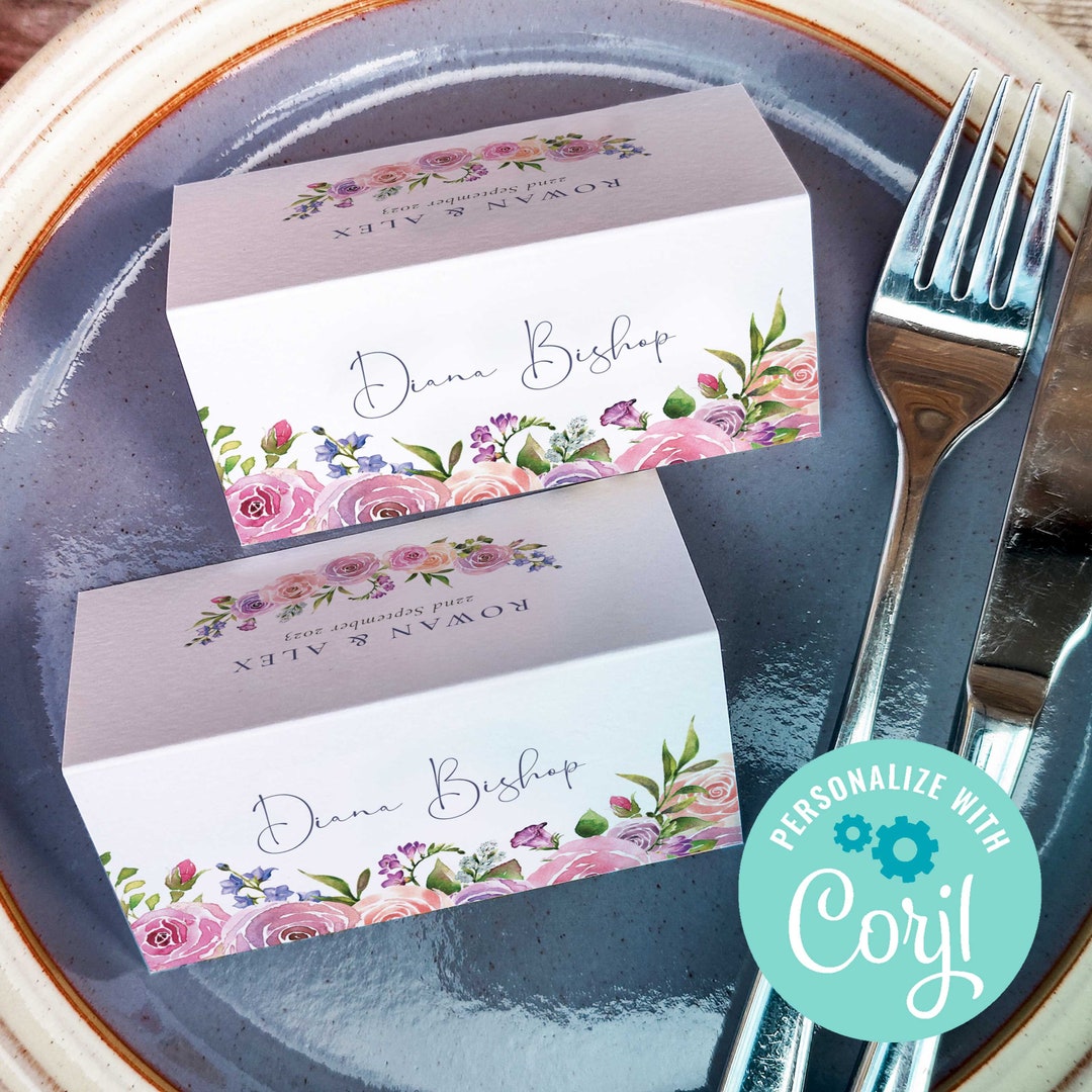 Pink Roses Wedding Printable Digital File, Template Design, Place Cards ...