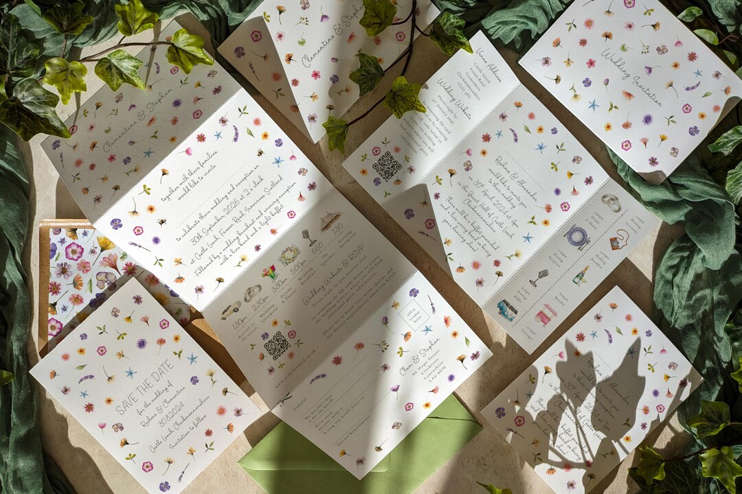 Pressed Wildflower Wedding Stationery SAMPLE, Save the Date Cards and ...