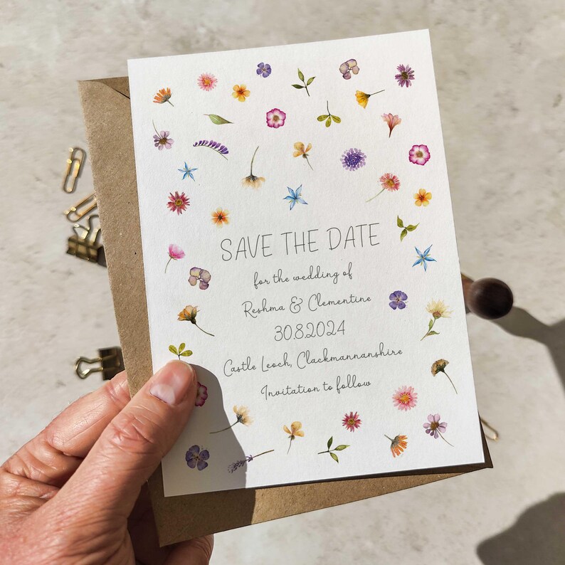 Pressed Wildflower Wedding Stationery SAMPLE, Save the Date Cards and ...