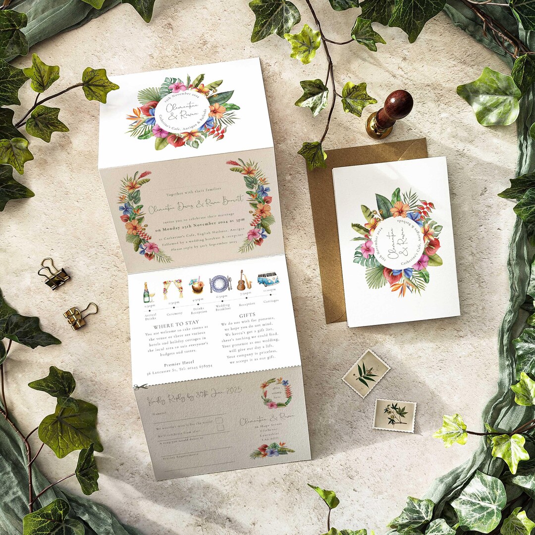 Tropical Flowers Folded Concertina Invitation SAMPLE With Wedding ...