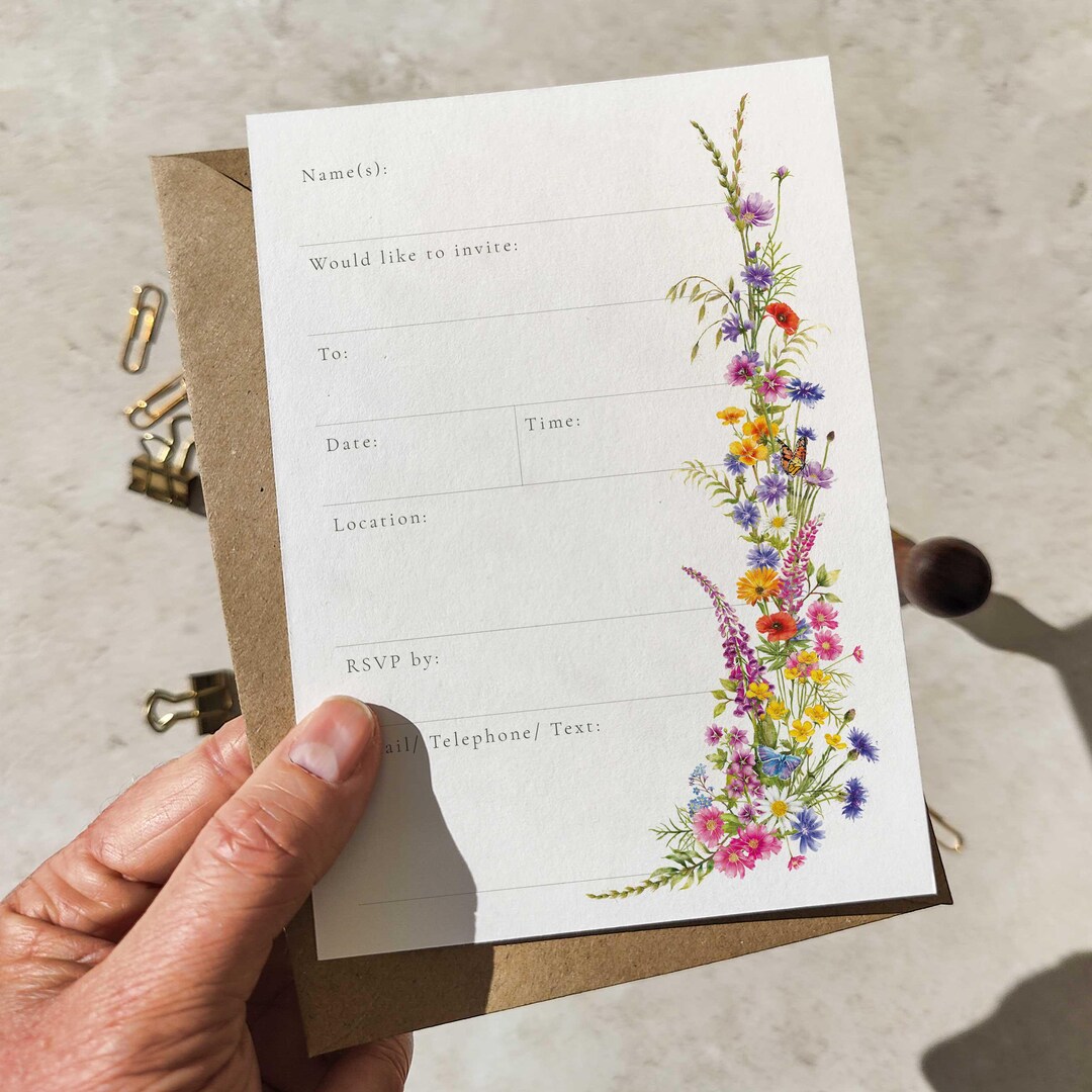 Wildflower Blank Invitations and Envelopes. Floral, Double Sided Ready ...