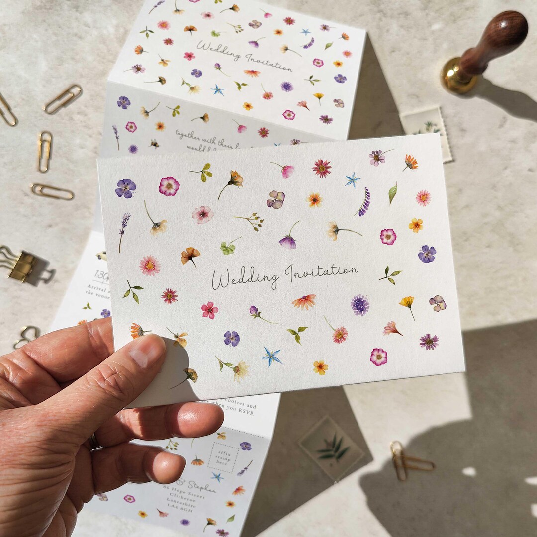 Pressed Wildflower Wedding Invitation SAMPLE, Folding Concertina Invite ...